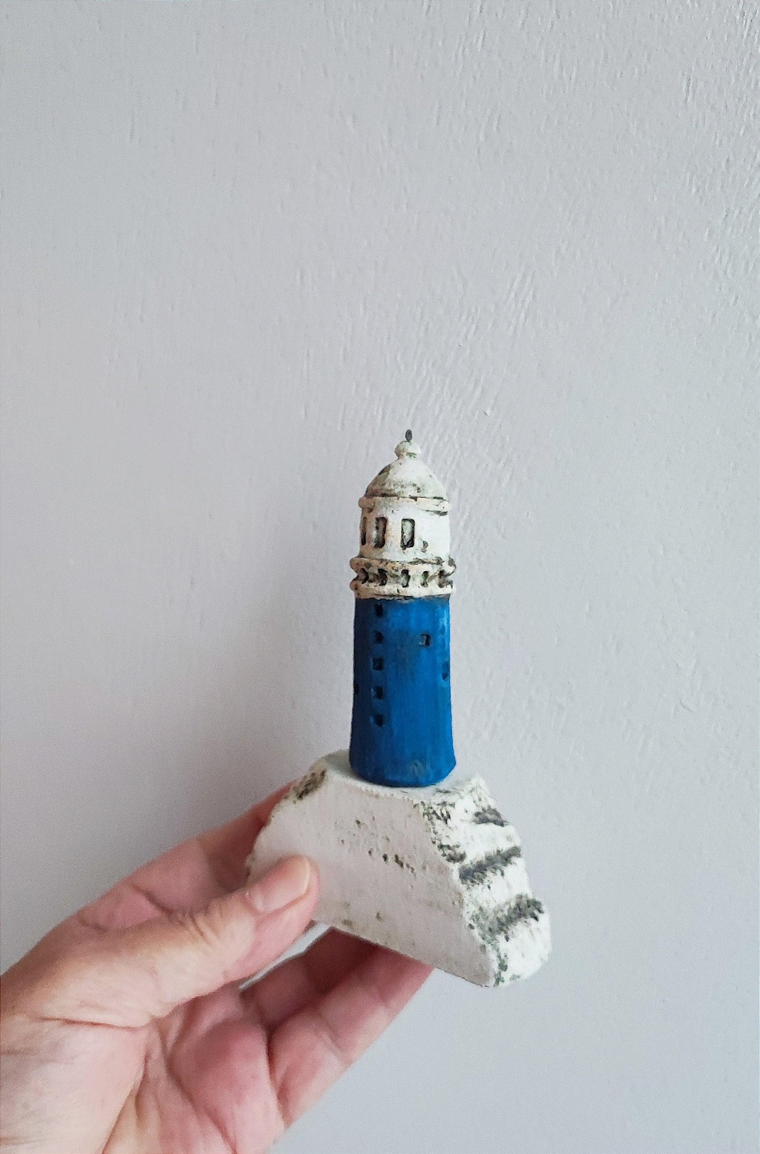 Lighthouse Miniature, Ceramic Lighthouse Figure of Stoneware Clay, Blue ...