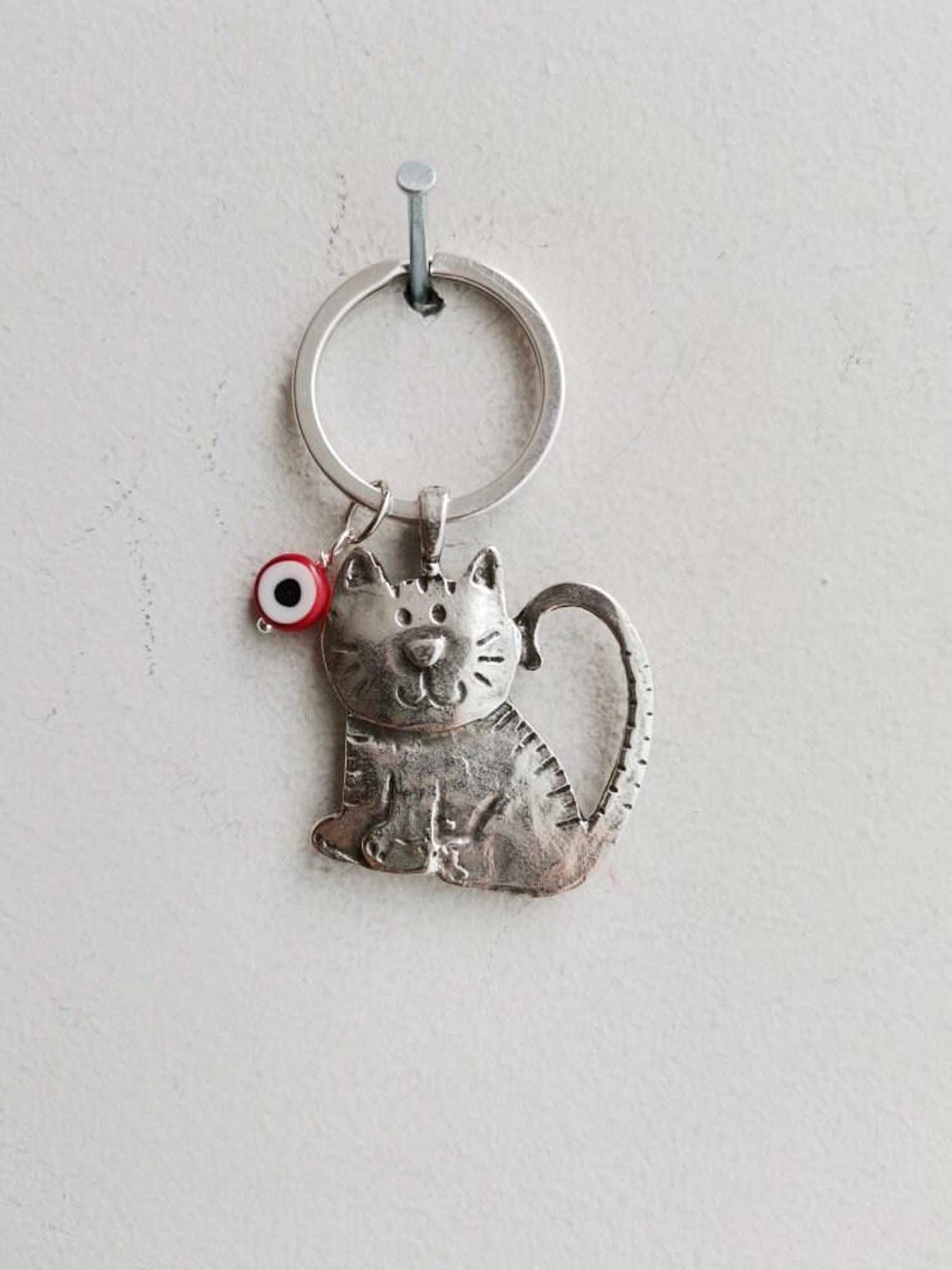 Smiling Cat Keyring, Alloy Cat Key Chain With Red Eye Bead, Greek Folk ...