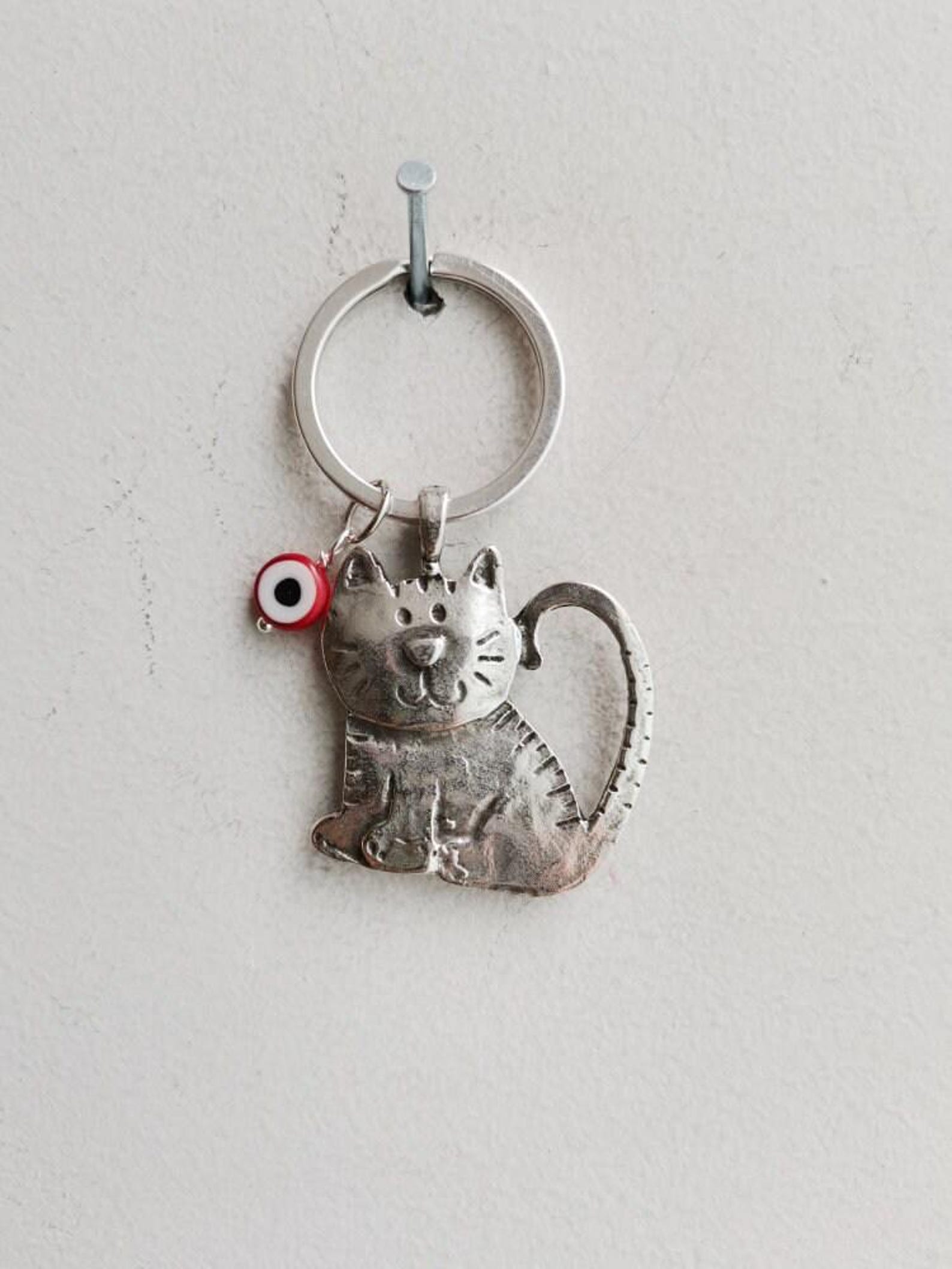 Smiling Cat Keyring, Alloy Cat Key Chain With Red Eye Bead, Greek Folk ...