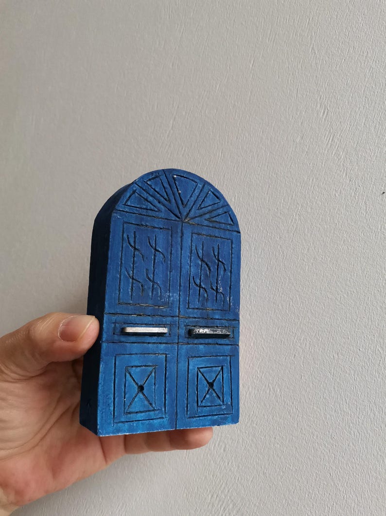 Blue Front Door Sculpture, Dark Blue Greek Gate, Domed, Stoneware Greek ...
