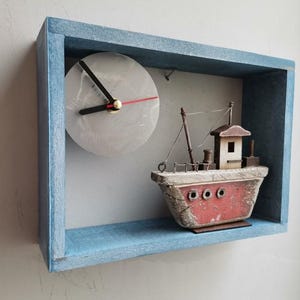 Red Boat Clock, Wooden Frame Clock With Wooden Boat Miniature, Rustic ...