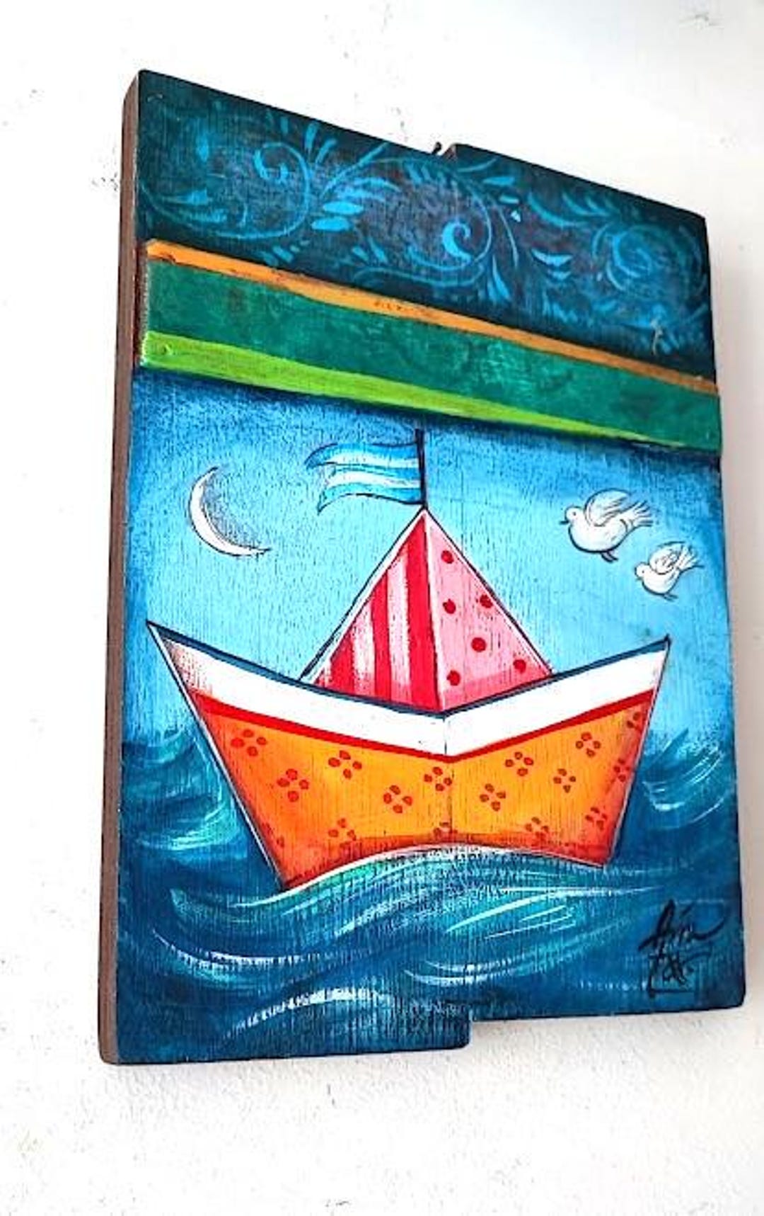 Paper Boat Painting, Paperboat in the Sea With Birds Wooden Painting on ...