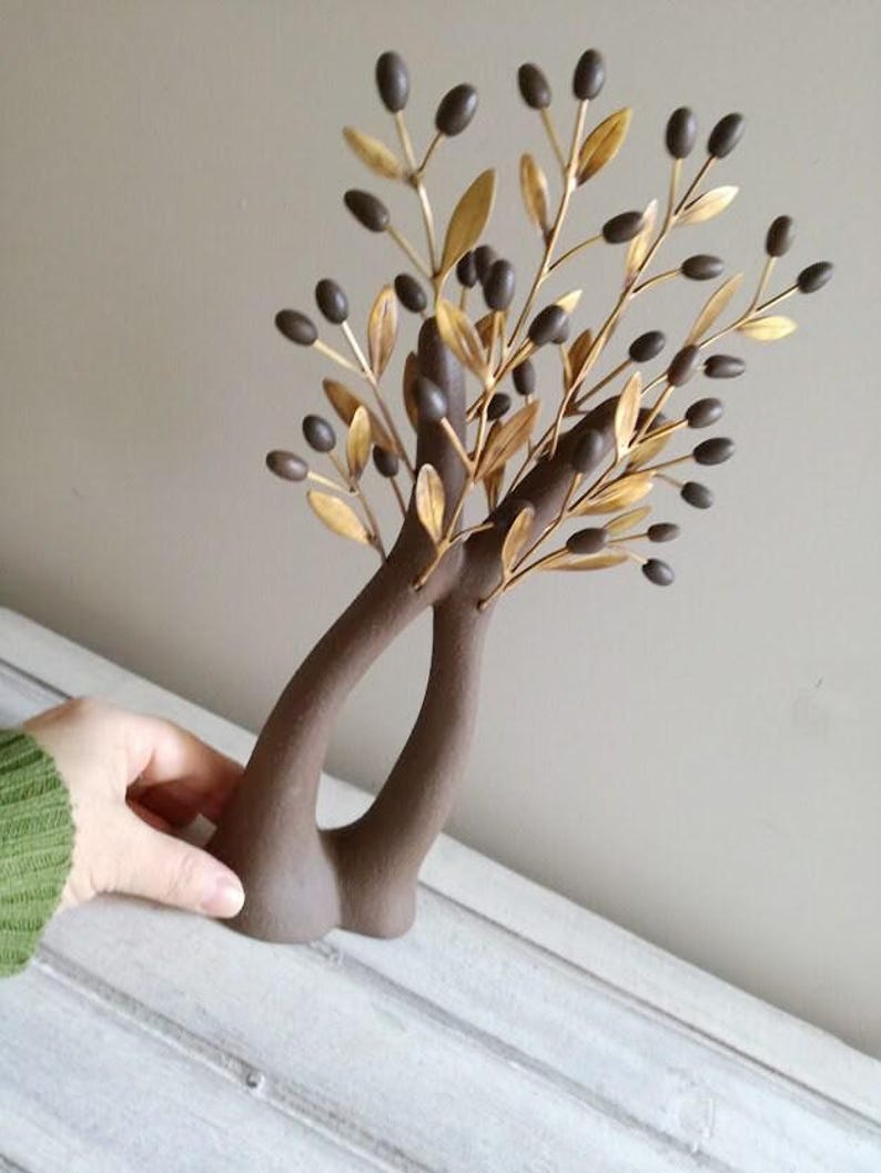 Modern Olive Tree Sculpture, Ceramic Olive Tree With Brass Olive ...