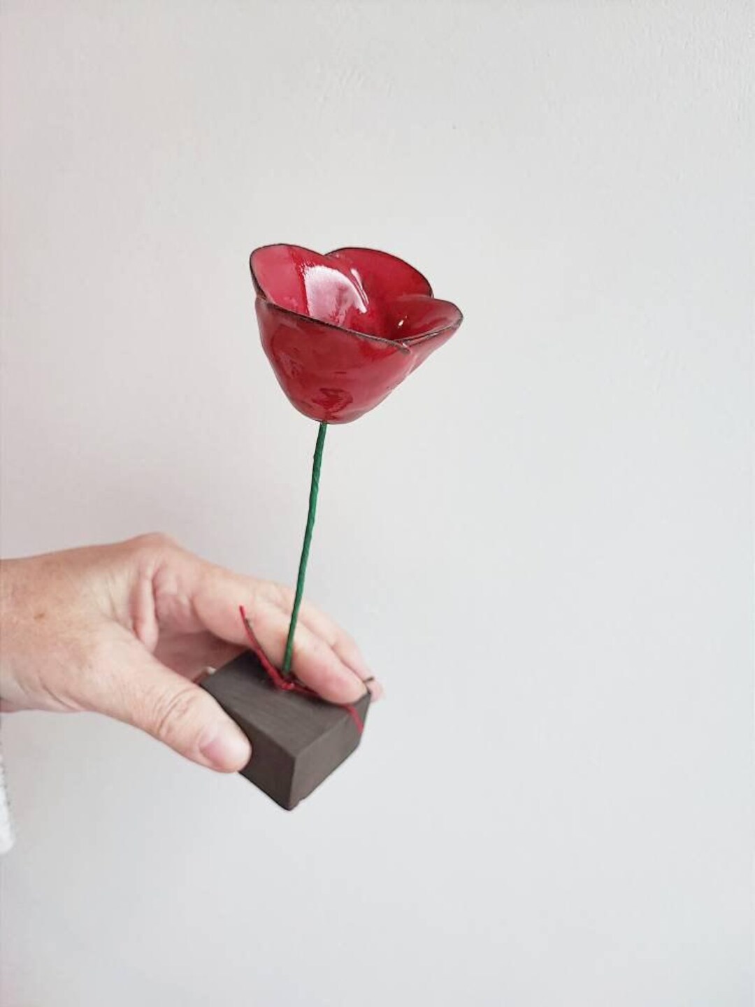 Ceramic Red Poppy, Life Size Poppy Flower Figure, Black Clay Poppy on ...