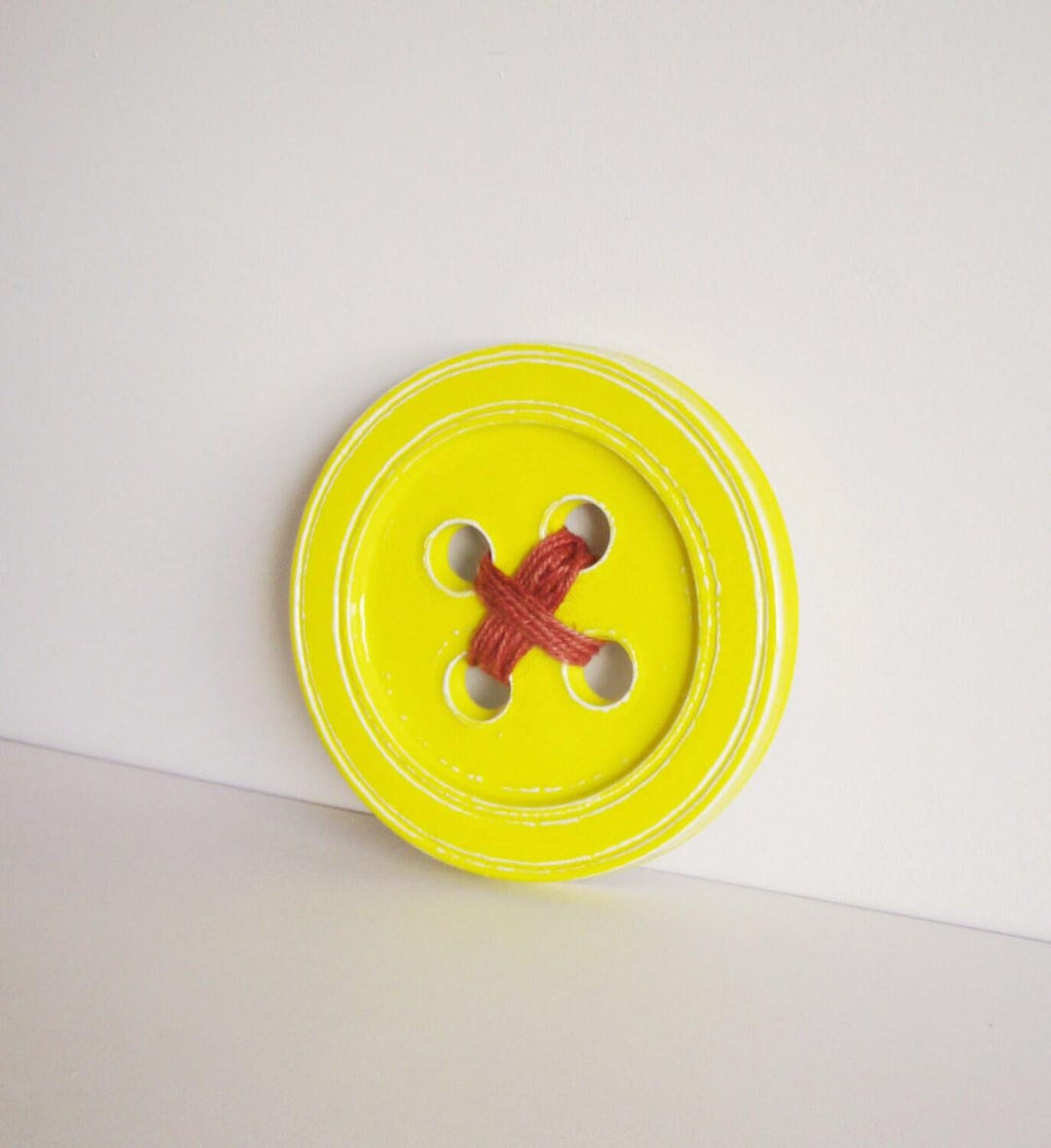 Yellow Ceramic Button Sculpture, Stoneware Clay, Yellow Ceramic Button Wall Hanging With Burnt ...