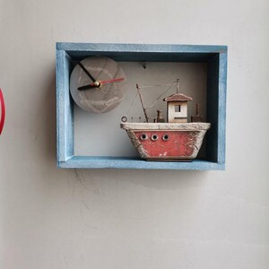 Red Boat Clock, Wooden Frame Clock With Wooden Boat Miniature, Rustic ...