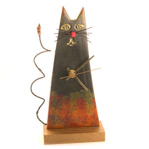 Black Cat Clock, Ceramic Clock of Black Cat on Wooden Base, Cone Shaped ...