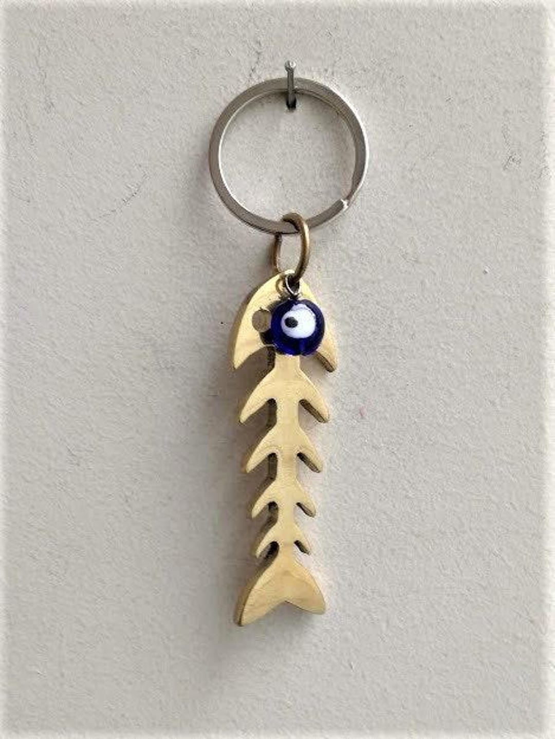 Gold Fishbone Keychain, Solid Brass Fish Bone, Mini Sculpture With Blue ...