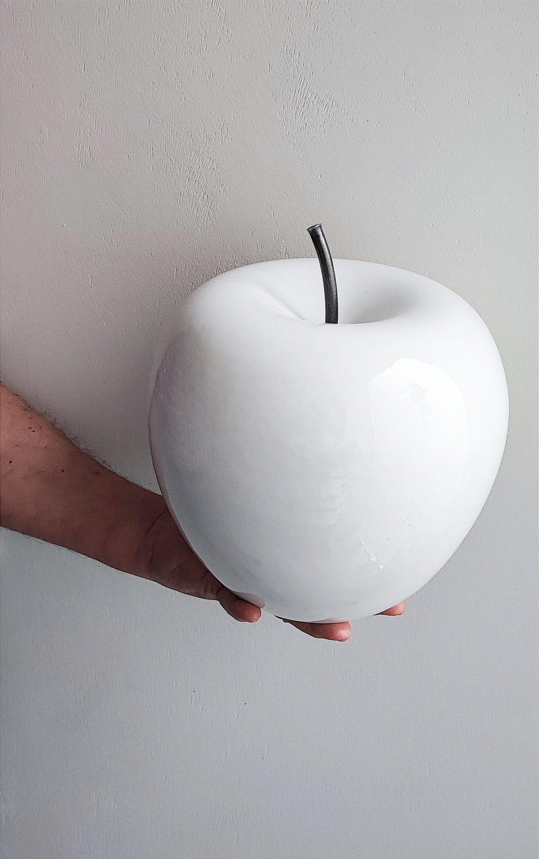 White Apple Sculpture, Large White Ceramic Apple With Black, Iron Stem ...