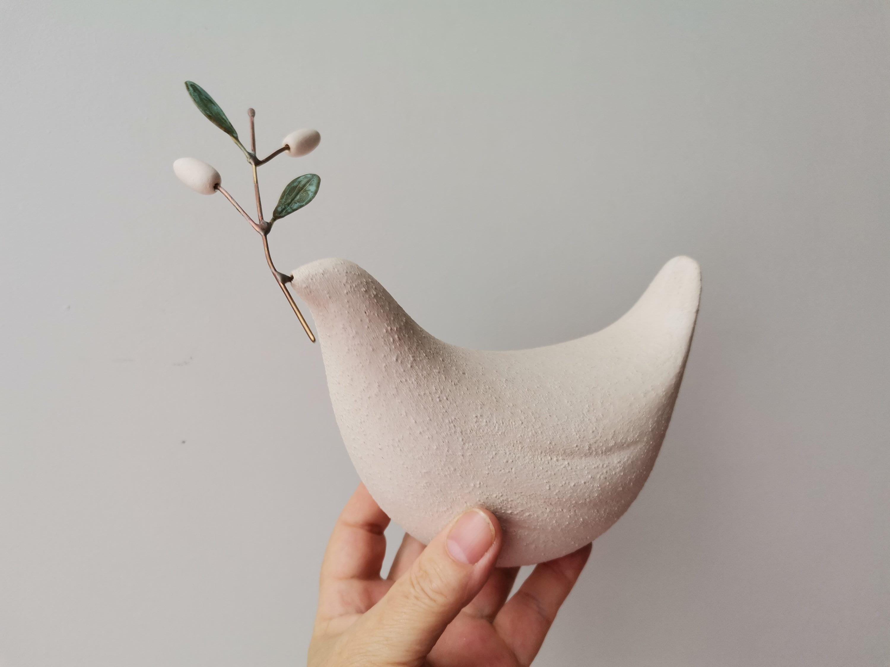 White Dove Sculpture, Stoneware Clay, Unglazed Dove Figure With Olive ...
