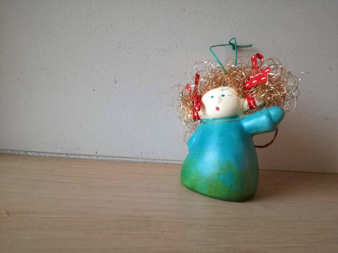Ceramic Angel Figure and Bell, Blue Angel Girl Figurine With Bell ...