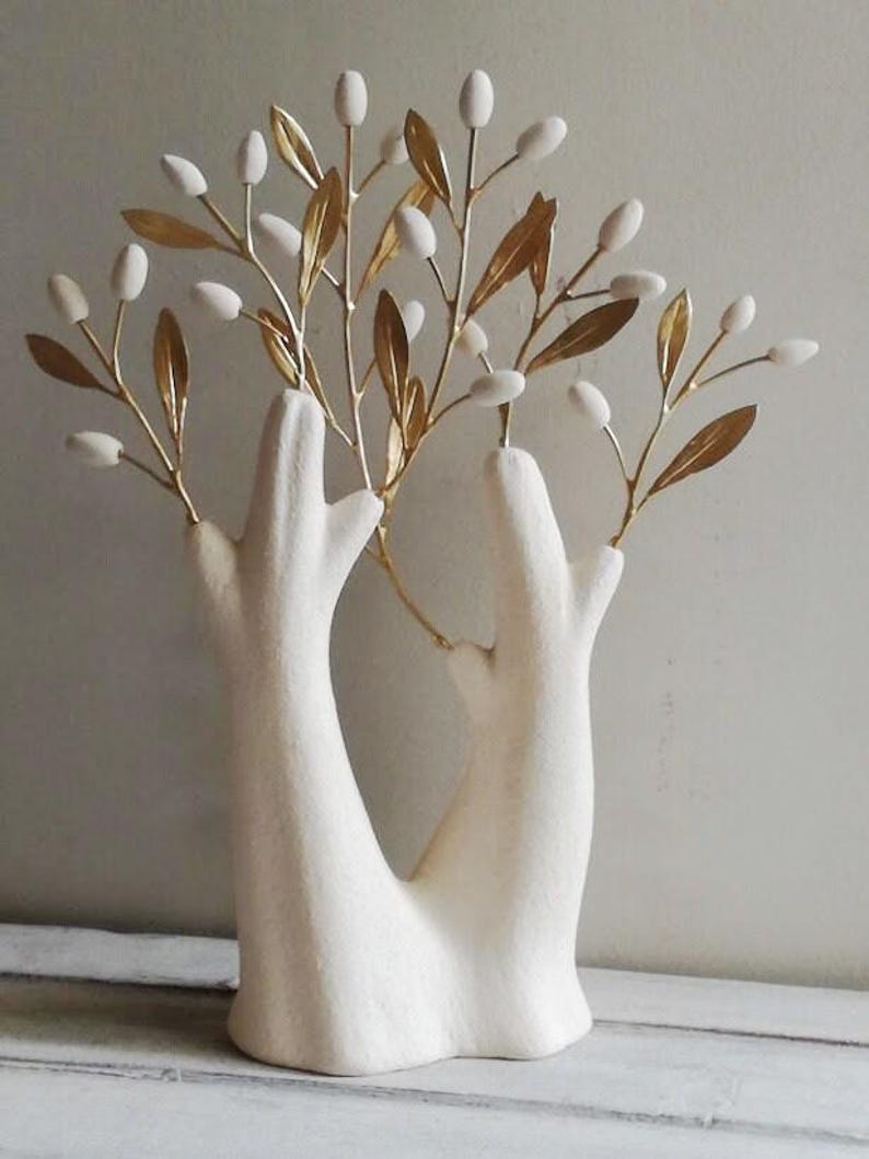 White Olive Tree Sculpture, Ceramic Olive Tree in White With Brass ...