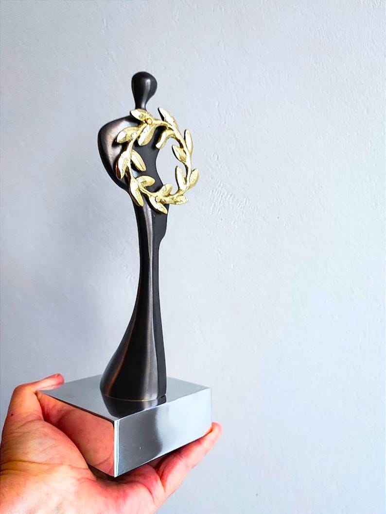 Figure With Laurel Wreath, Solid Brass Figurine of Minimalist Aesthetic ...