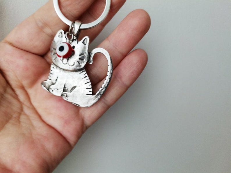 Smiling Cat Keyring, Alloy Cat Key Chain With Red Eye Bead, Greek Folk ...