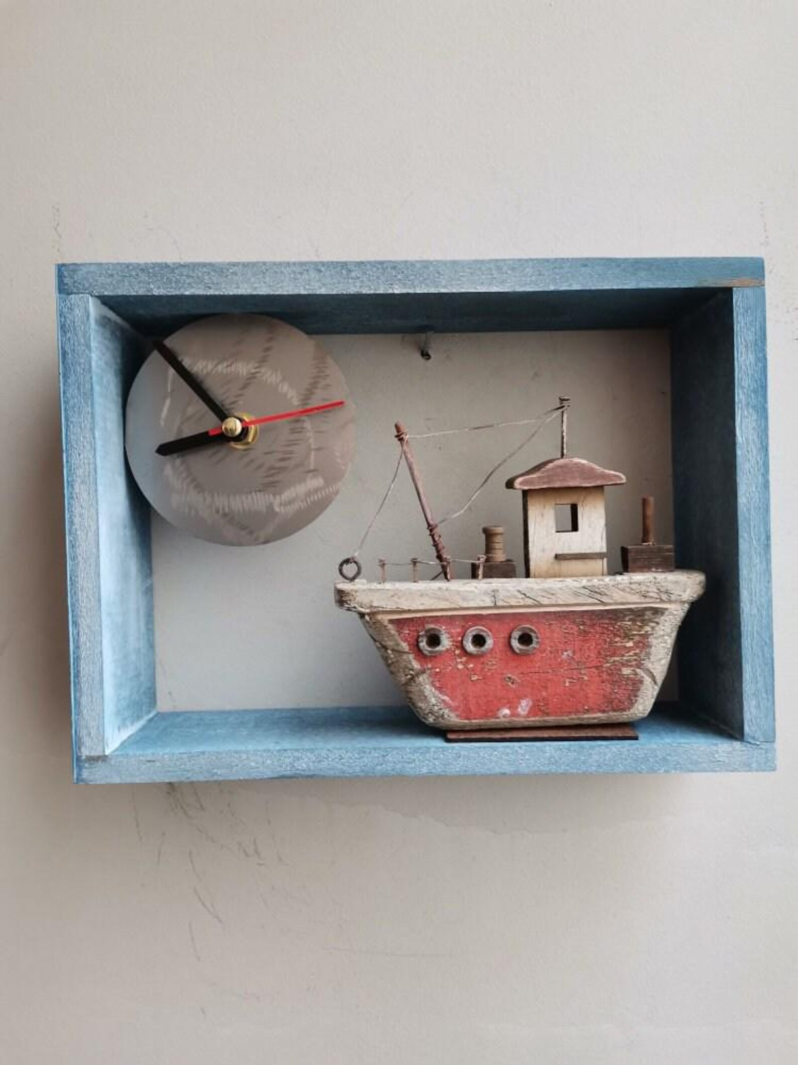Red Boat Clock, Wooden Frame Clock With Wooden Boat Miniature, Rustic ...
