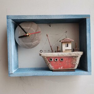 Red Boat Clock, Wooden Frame Clock With Wooden Boat Miniature, Rustic ...