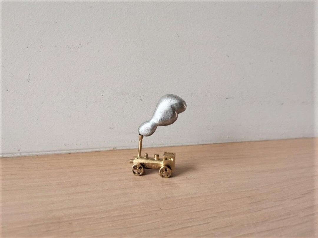 Brass Train Sculpture, Tiny Train Locomotive Figurine With Silver Smoke ...