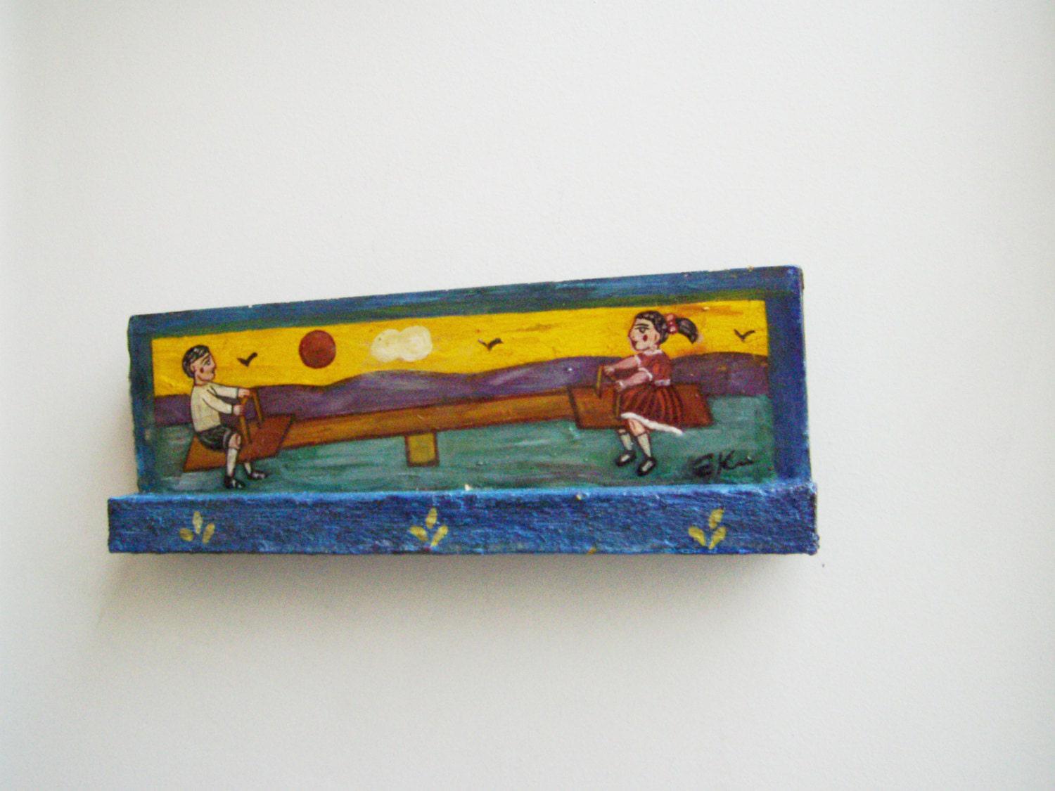 Children on Seesaw, Vintage, Folk Painting of Boy and Girl on a Seesaw ...