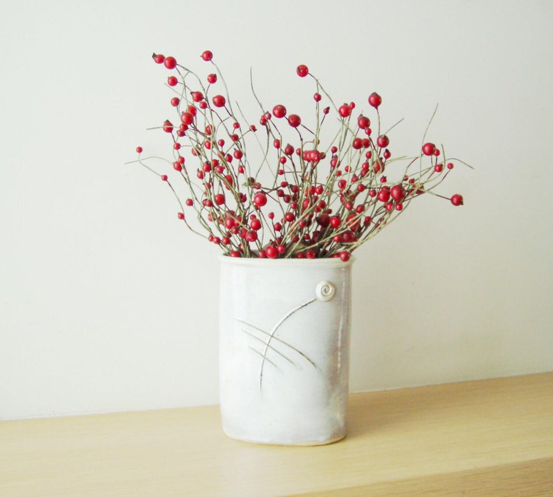 White Vase, Oval Rimmed, High Fire Stoneware Clay Vase in Milky White ...