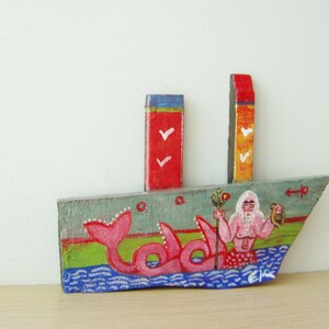 Man Mermaid on Wooden Boat, Folk Art Shabby Boat of Reclaimed Wood ...