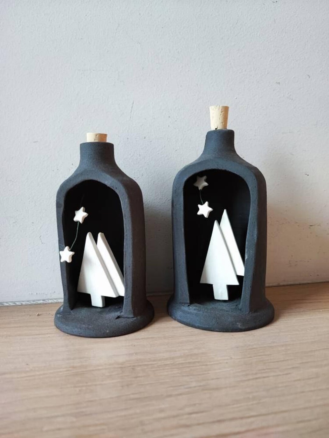 Trees in Bottles Sculpture, Porcelain Trees in Black Clay Bottles ...