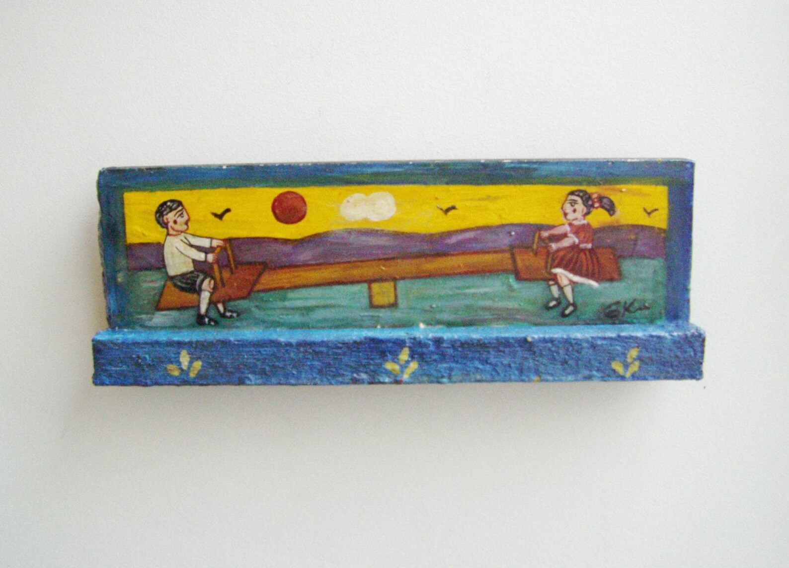 Children on Seesaw, Vintage, Folk Painting of Boy and Girl on a Seesaw ...