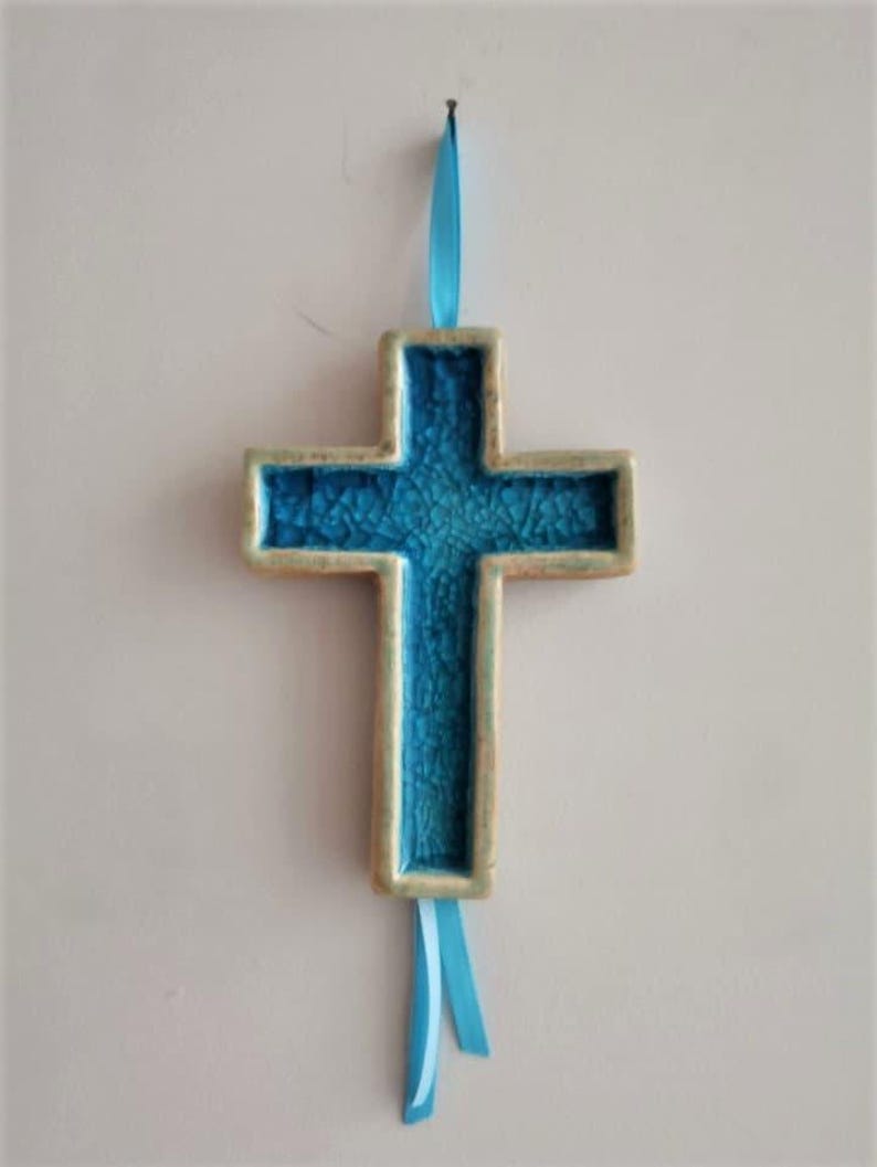 Blue Ceramic Cross, Turquoise Blue Ceramic Cross, Stoneware Clay ...