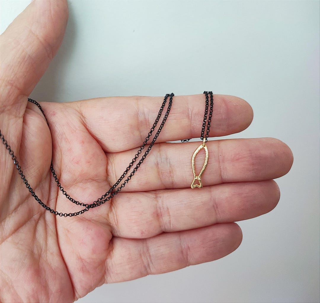 Fish Gold Necklace, 18k Gold Fish Pendant on Oxidised, Sterling Chain ...
