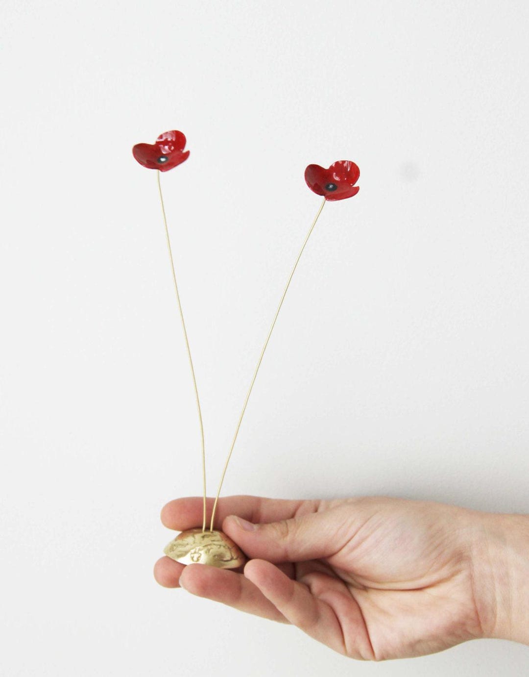 Red Poppies Metal Sculpture, Brass Flowers Art Object With Red Enamel ...