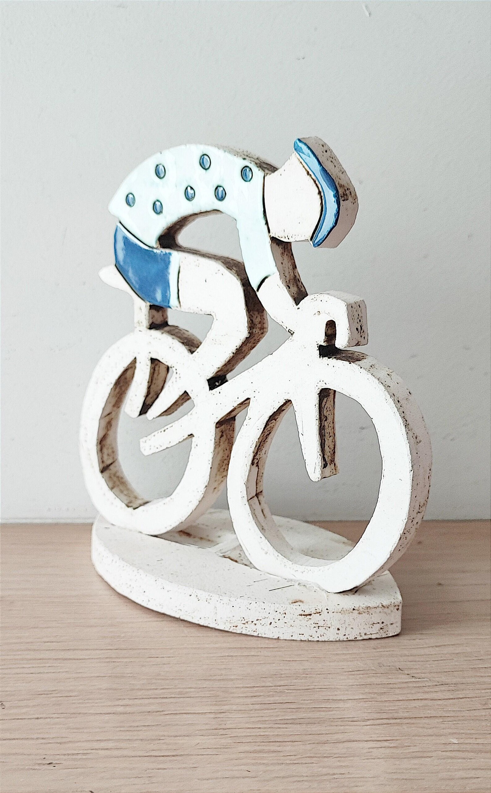 Blue Cyclist Figurine, Modern Cyclist Sculpture, Earthenware Clay ...