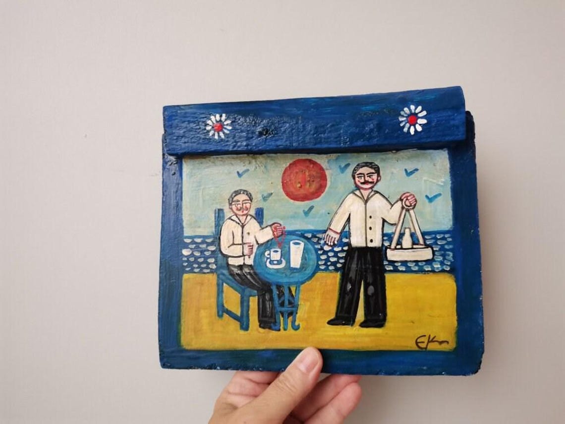 Sea Side Cafe Folk Painting, Vintage Folk Art on Salvaged Wood of Cafe ...