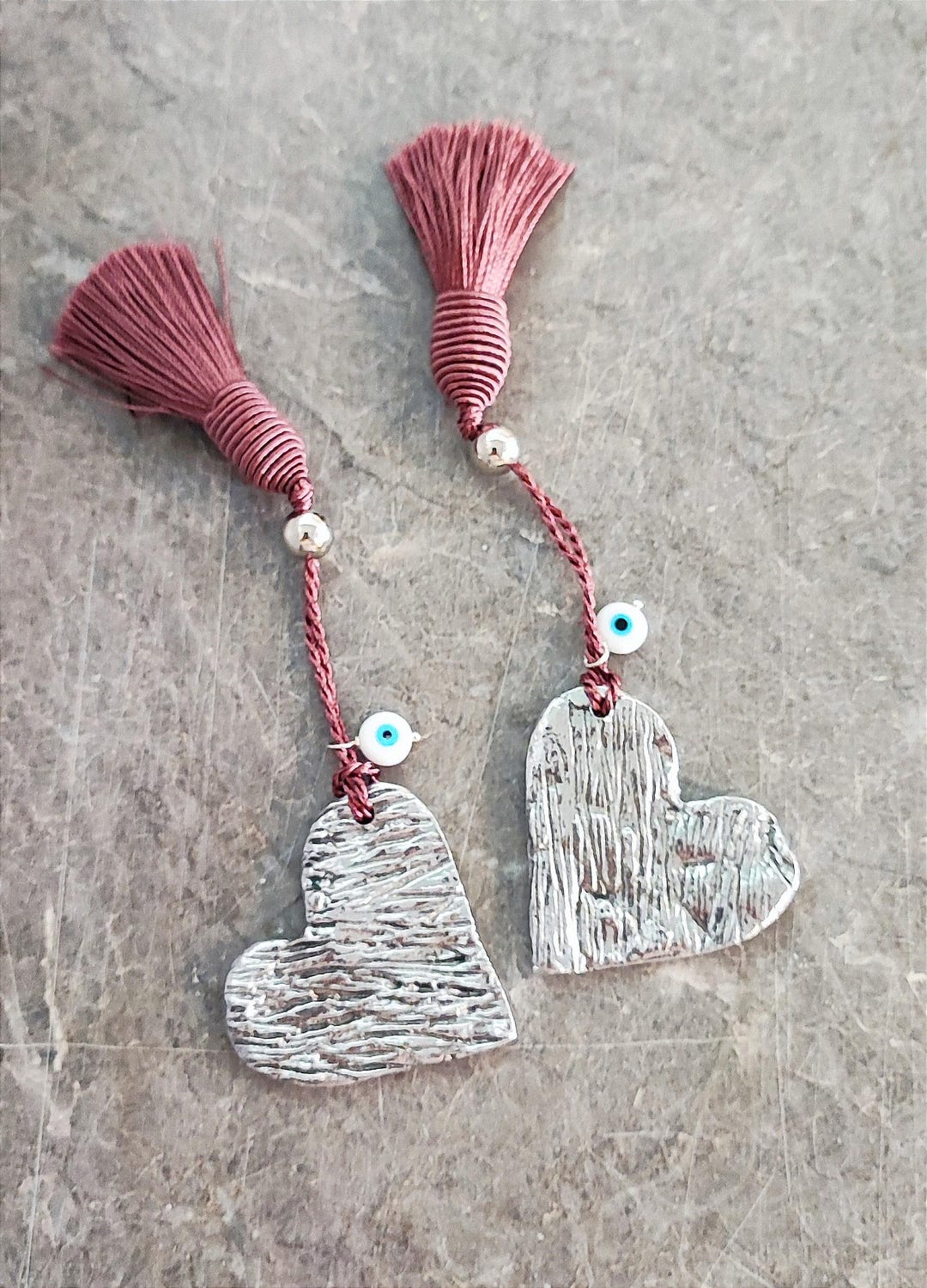 Bohemian Heart Charm, Silver Heart and Blue Eye Art Object, Aluminum ...