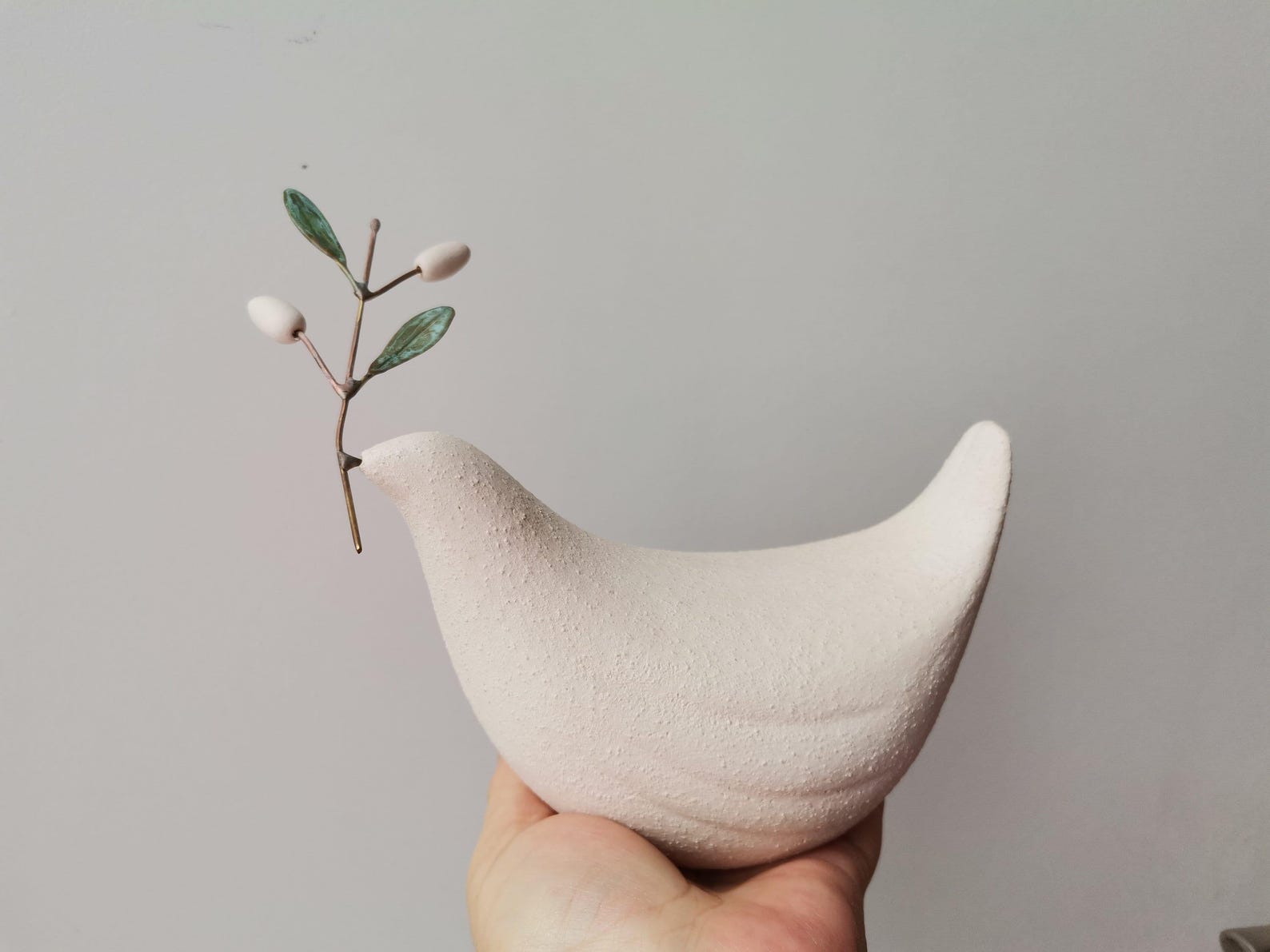 White Dove Sculpture, Stoneware Clay, Unglazed Dove Figure With Olive ...