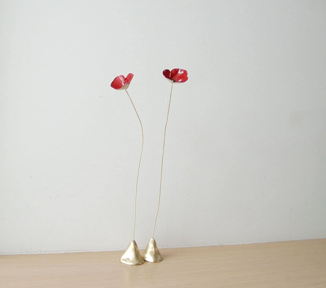 Red Poppy Metal Sculpture, Brass Flower Art Object With Red Enamel ...