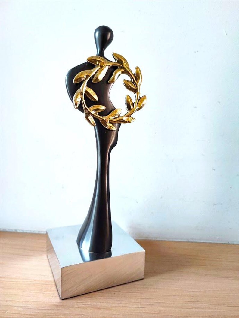 Figure With Laurel Wreath, Solid Brass Figurine of Minimalist Aesthetic ...