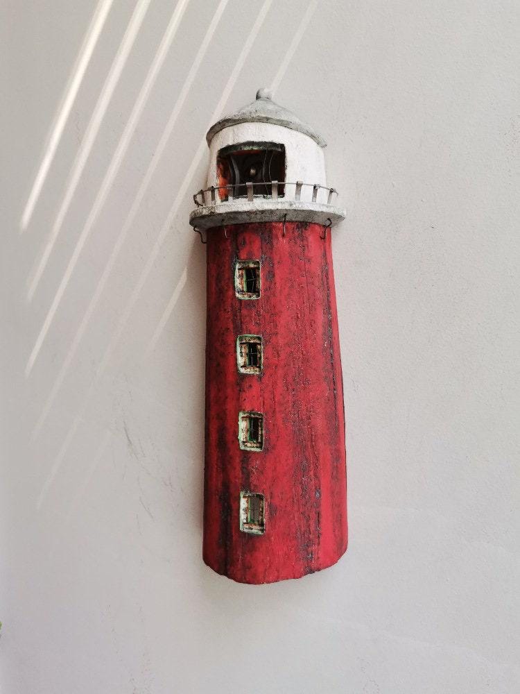 Red Lighthouse Sculpture, Stoneware Lighthouse Wall Hanging in Red With ...