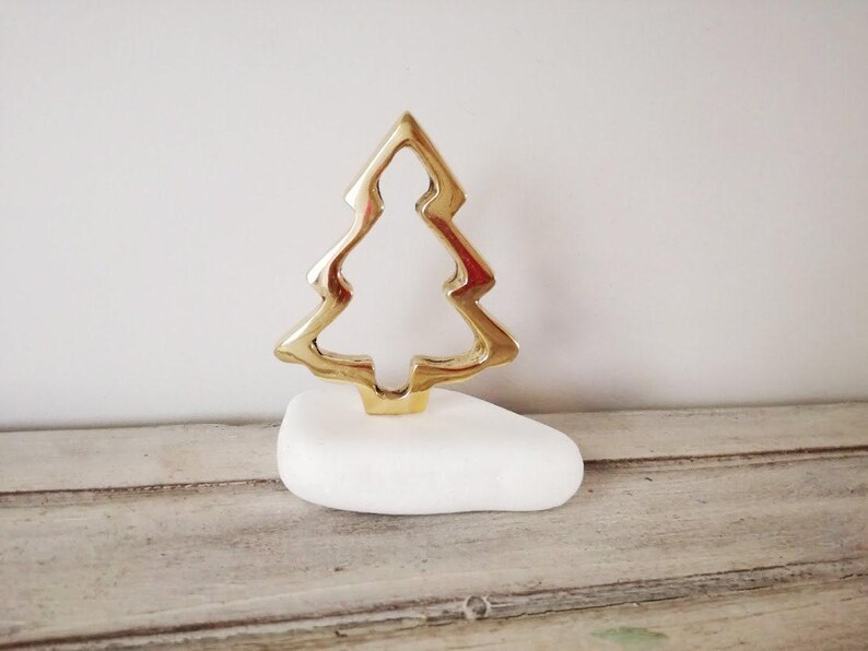 Christmas Tree Outline, Brass Tree Sculpture on White Stone, Holiday ...
