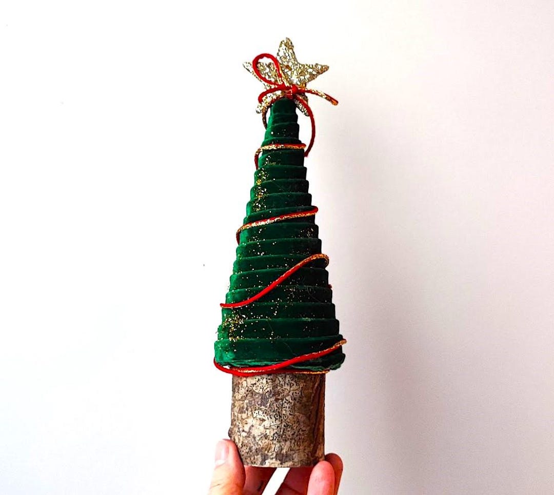 Velvet Christmas Tree, Rustic Cone Tree With Wooden Base and Velvet ...