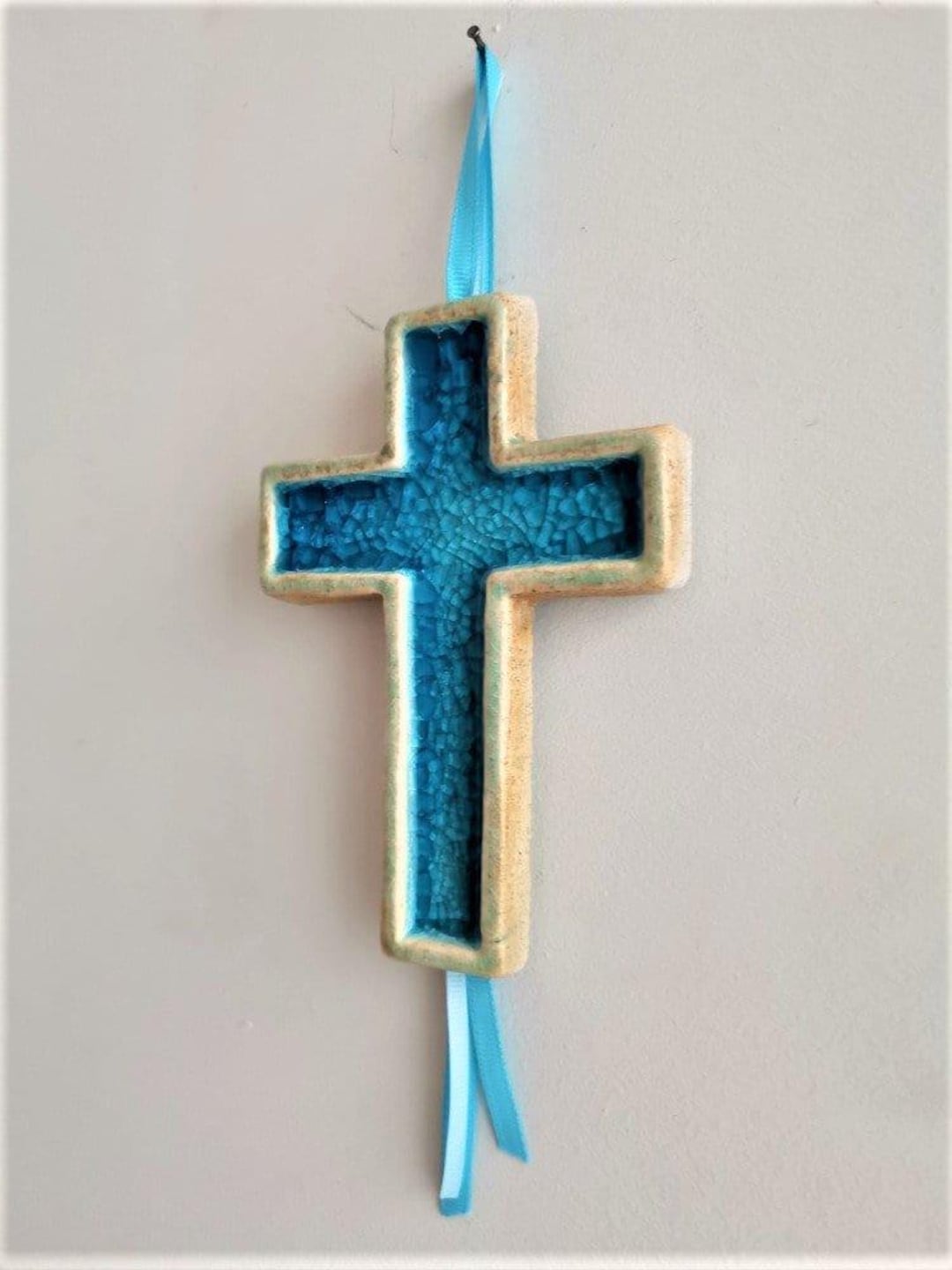 Blue Ceramic Cross, Turquoise Blue Ceramic Cross, Stoneware Clay ...