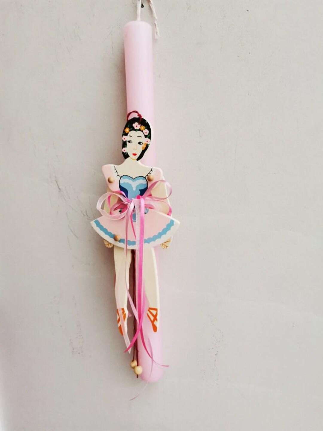 Pink Easter Candle With Ballerina Puppet, Round Pink Candle With Pink ...