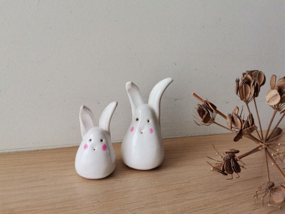 White Bunnies Set, Ceramic Bunny Figurines, Bigger and Smaller, Milky ...
