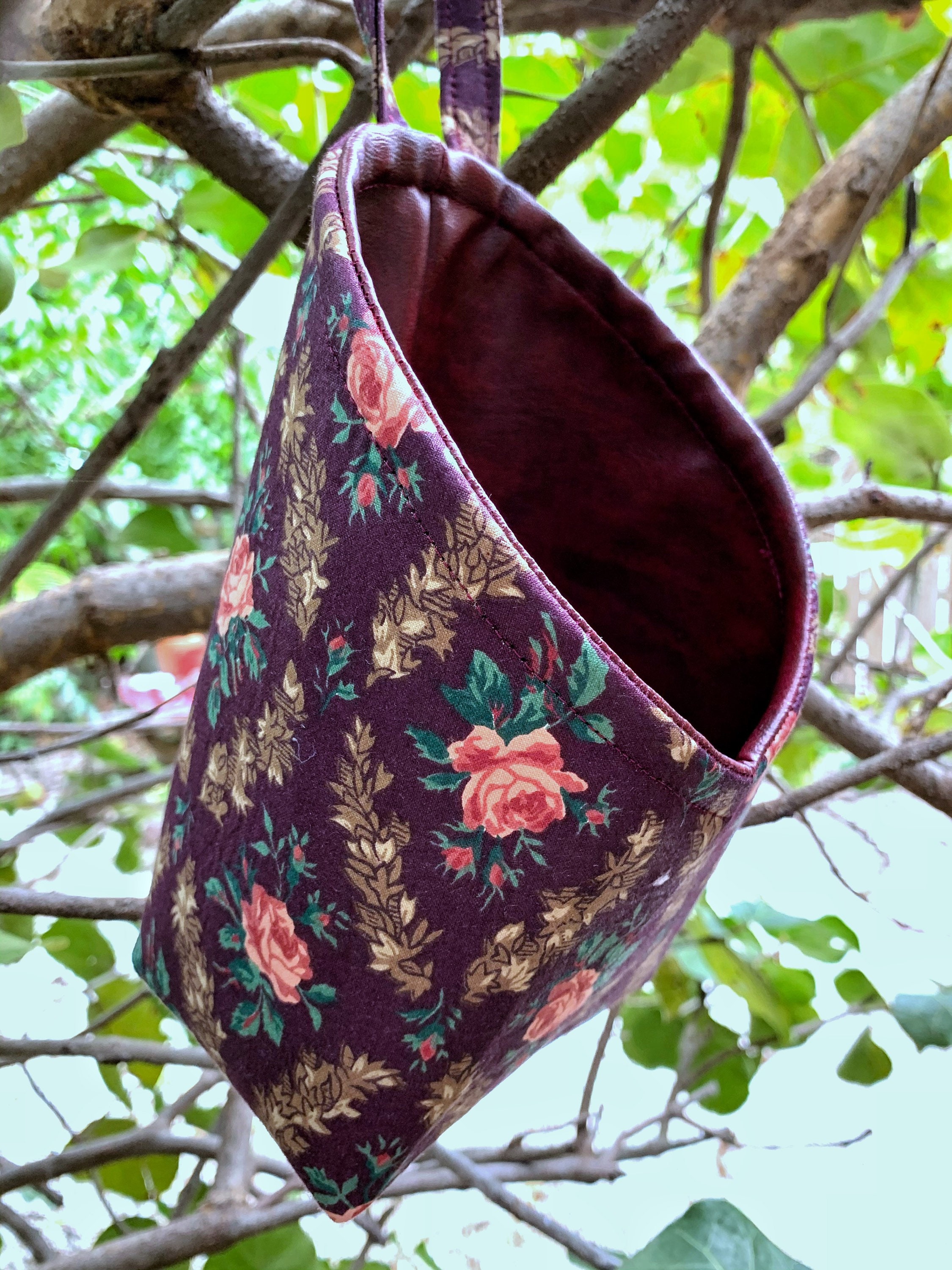 Fabric hanging basket, Rose print basket, Victorian decor, cosmetics ...