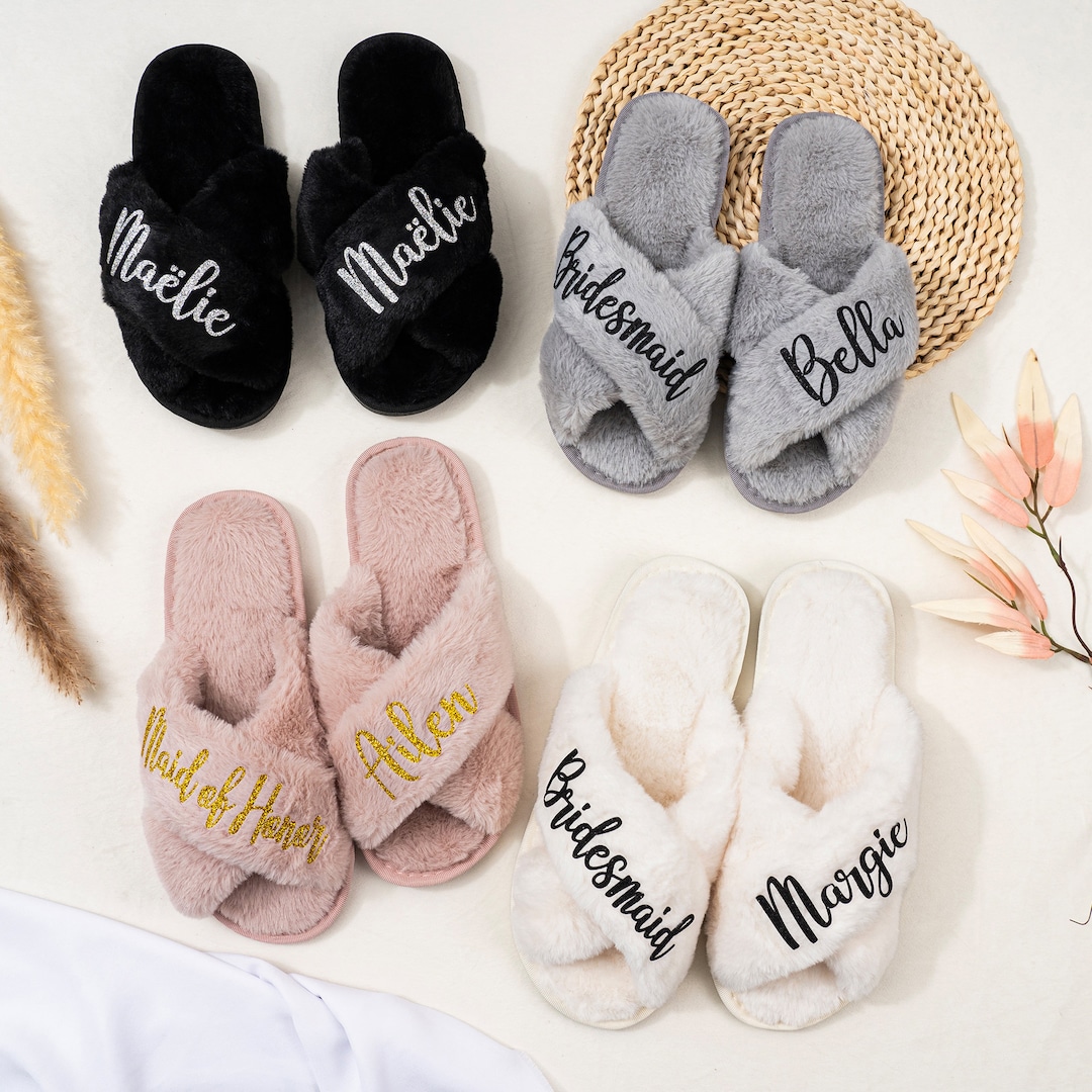 Custom Bride Slippers,bridal Shower Gift,fluffy Bride Bridesmaid ...