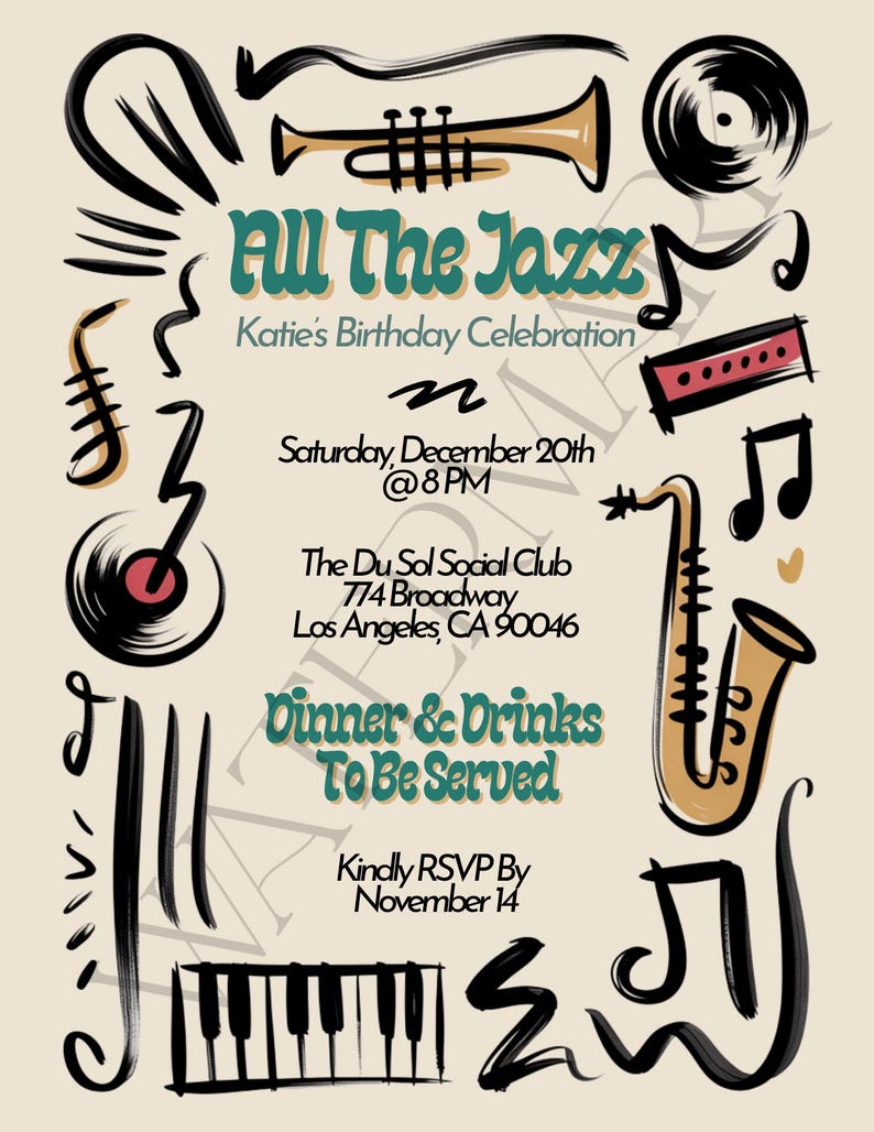 Retro Jazz Birthday Invitation Template: Easy-to-edit - Etsy