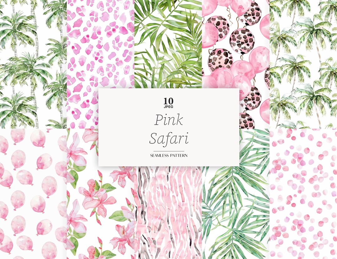Pink Safari Digital Papers, Pink Safari Seamless Pattern, Pink Birthday ...