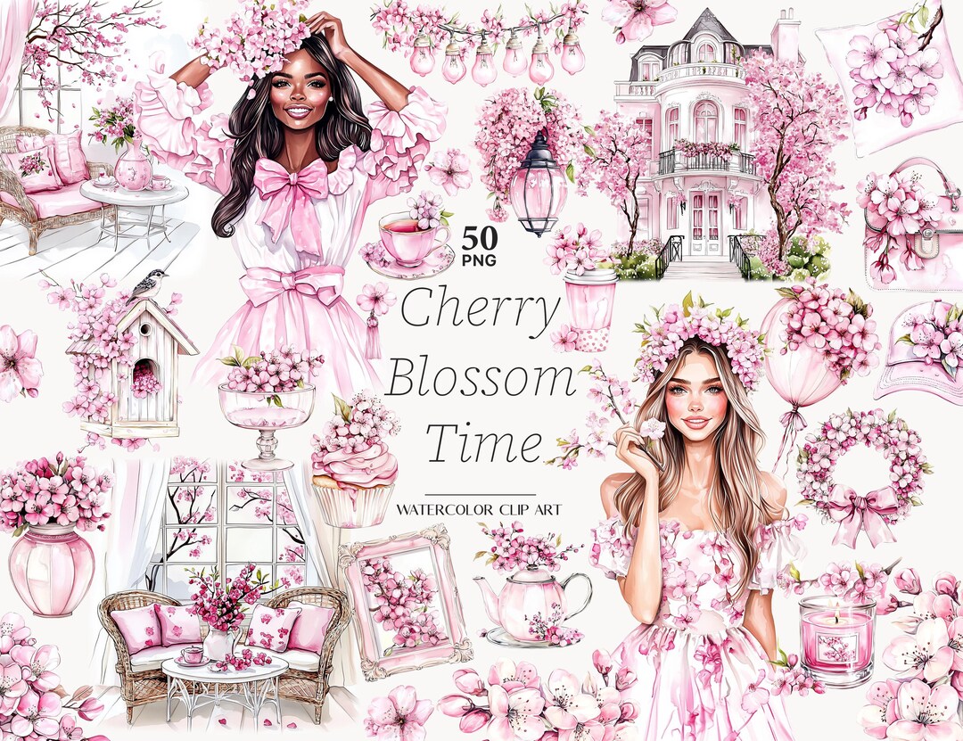 Spring Clipart Cherry Blossom Clip Art Garden PNG Pink Spring Graphics ...