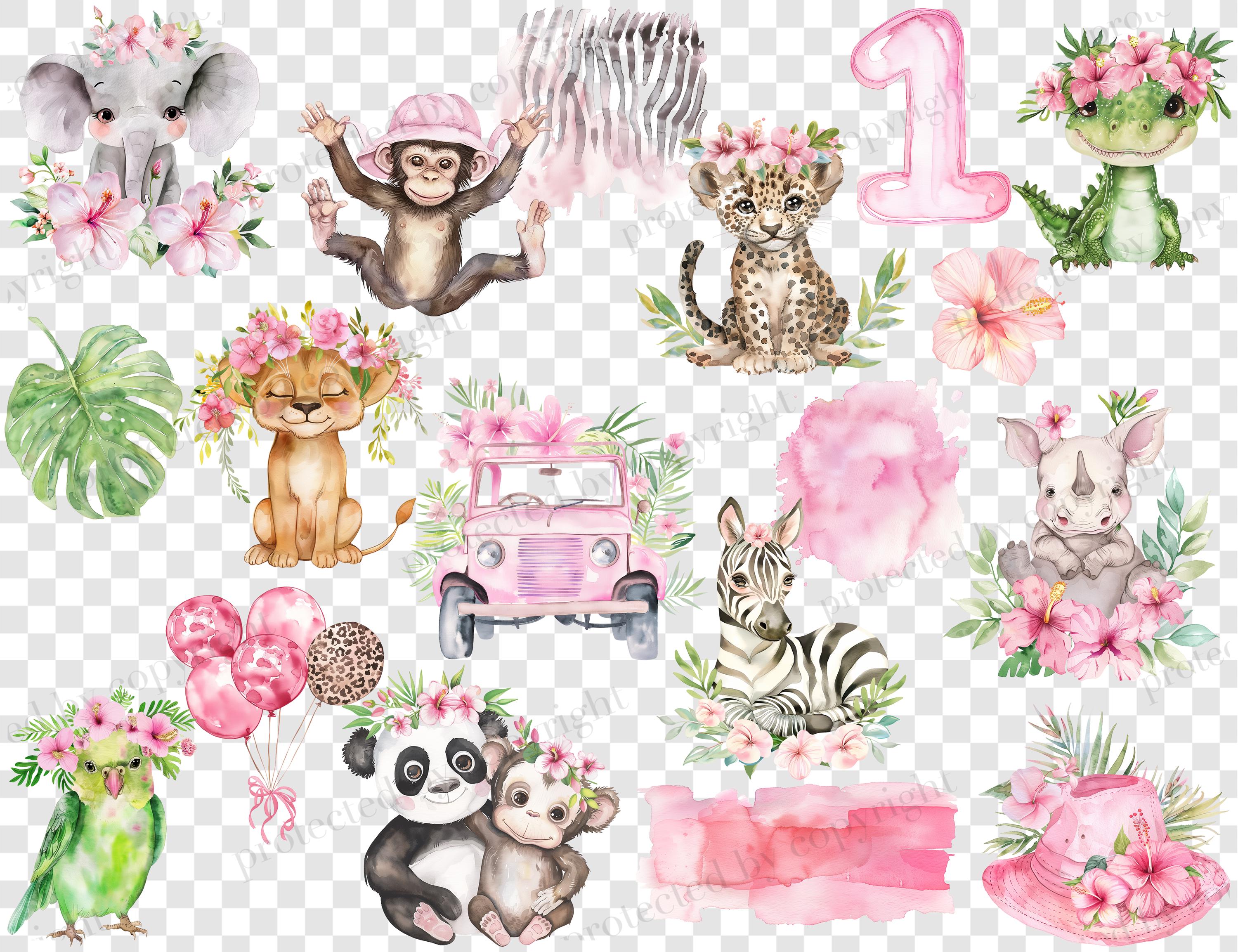 Pink Safari Clipart: Jungle Animals, Birthday Party Decor (PNG Files ...
