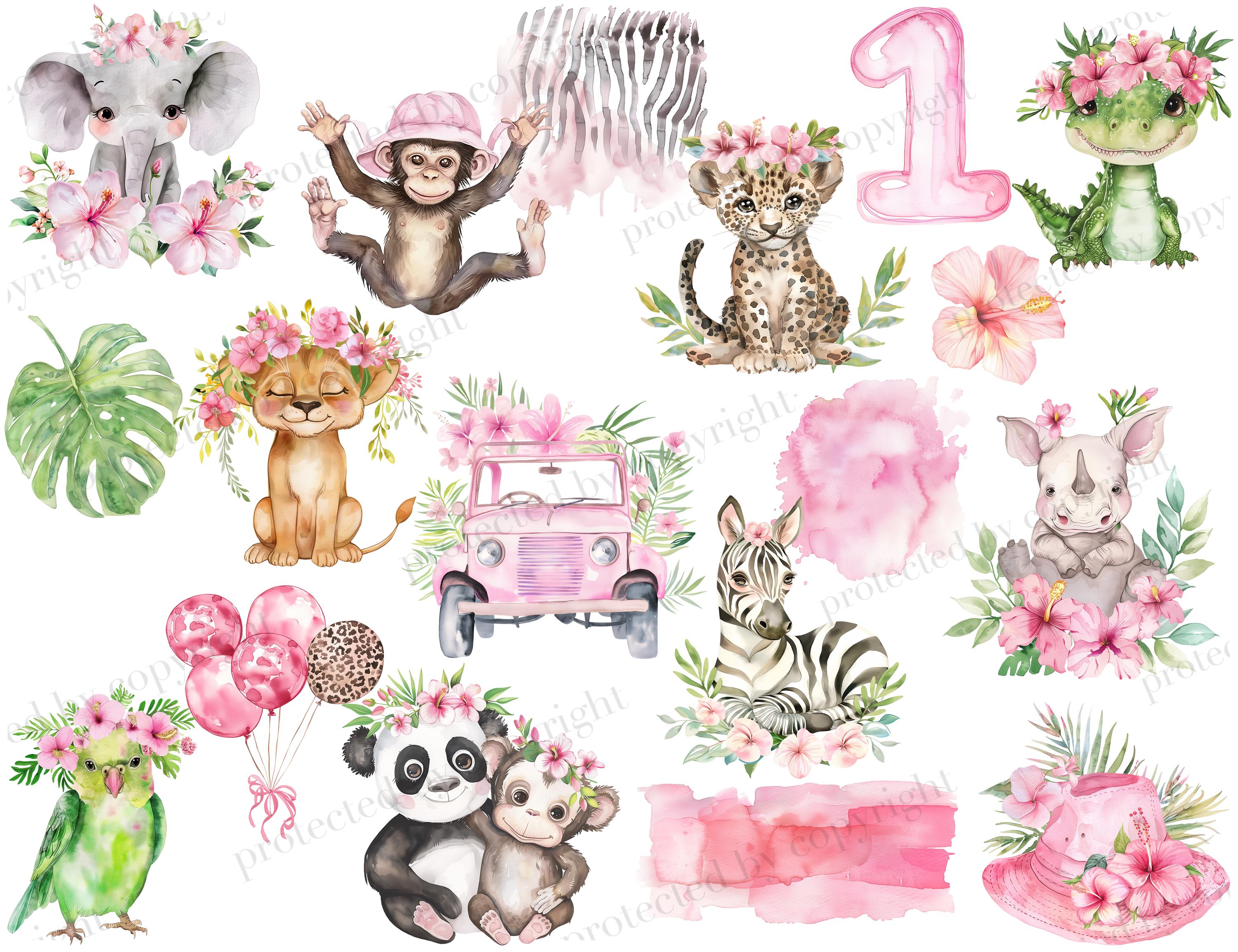 Pink Safari Clip Art, Pink Safari Girl Clipart, Birthday Party Decor ...