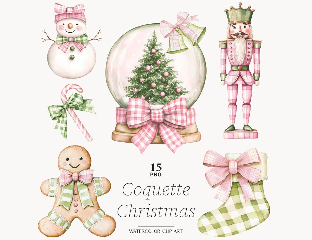 Coquette Christmas Clipart Preppy Christmas Clip Art Pink Green ...
