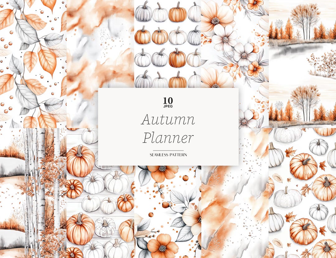 Autumn Digital Paper Pack Fall Pumpkin Patterns Orange Gray Backgrounds ...